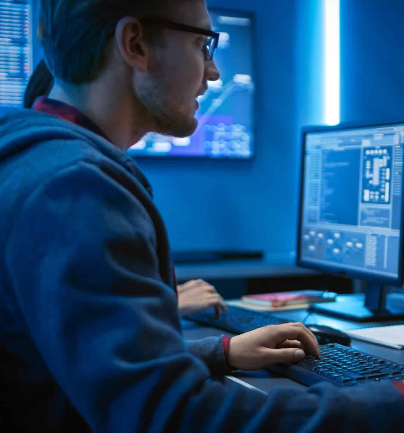 Smart,Male,It,Programer,Working,On,Desktop,Computer.,Software ...